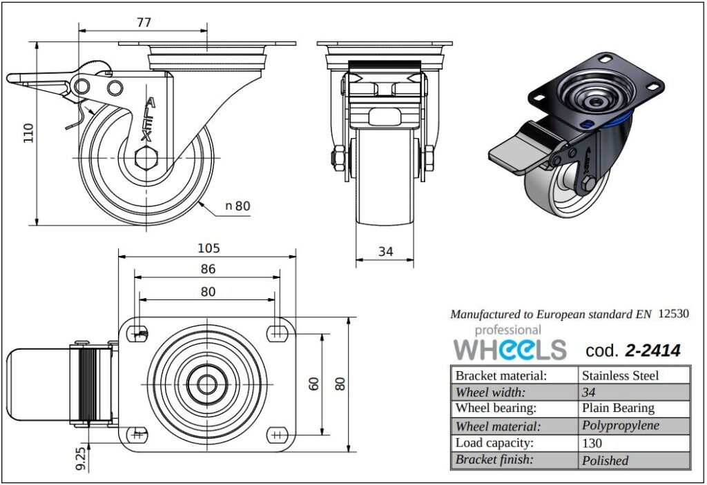 Swivel with Brake Stainless Steel Caster White Polypropylene wheel ...